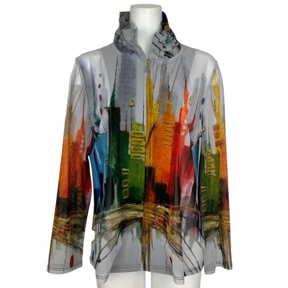 Damee | Jackets & Coats | Damee Mesh Jacket L Multicolor Zip Front Art ...